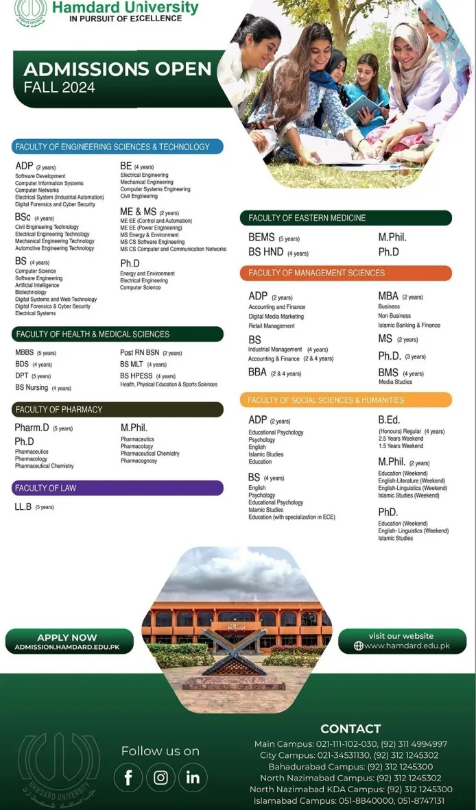 Hamdard University HAMDARD Announces BS Admission 2025 Online