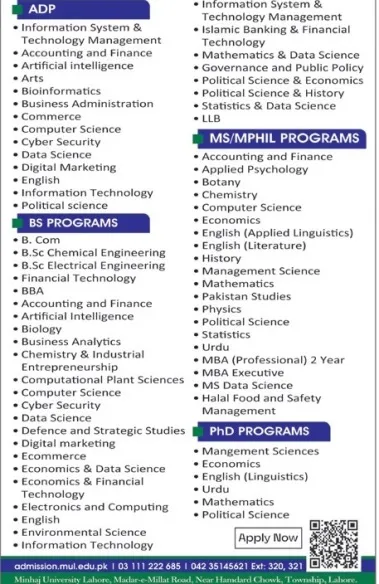 Minhaj University MUL Announces MS/ Master Admission 2025