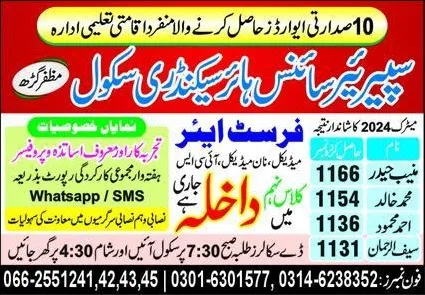 Superior Science Higher Secondary School SSHSS Muzafargarh Announces ...