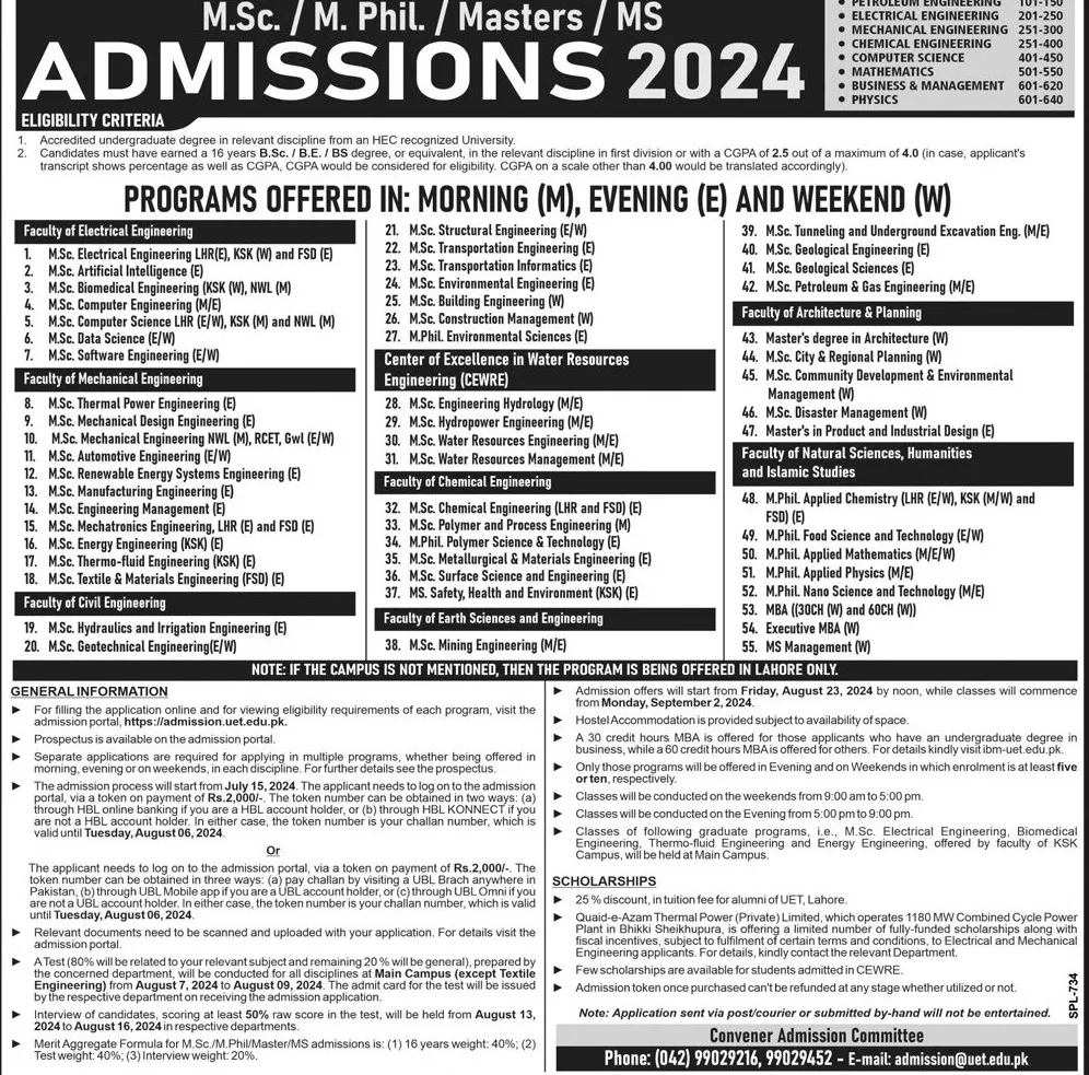 UET Narowal Announces MS/ Master's Admission 2024 Online