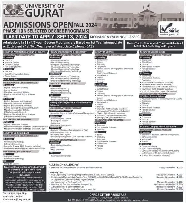 University Of Gujrat UOG Announces BS Admission 2025