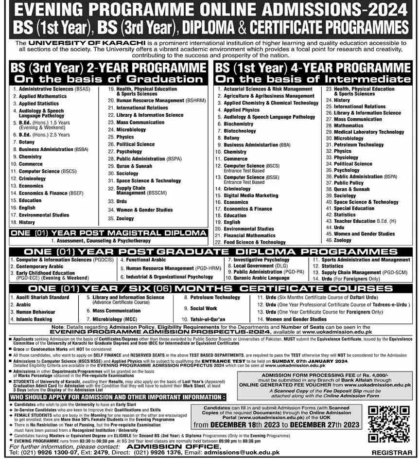 University Of Karachi UOK Online Admission 2024