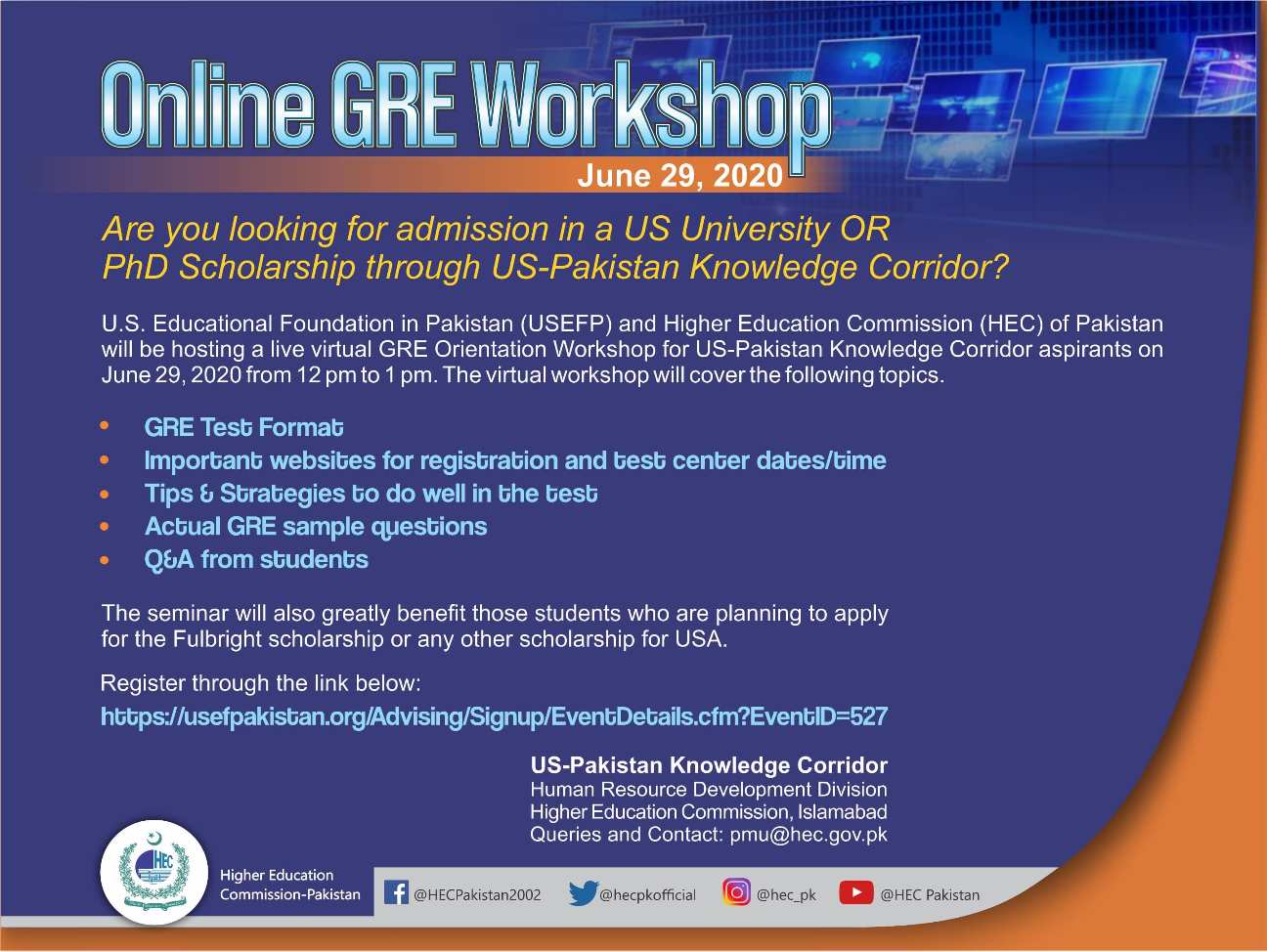 USEF and HEC offer Online GRE Preparation Workshop for Study in USA
