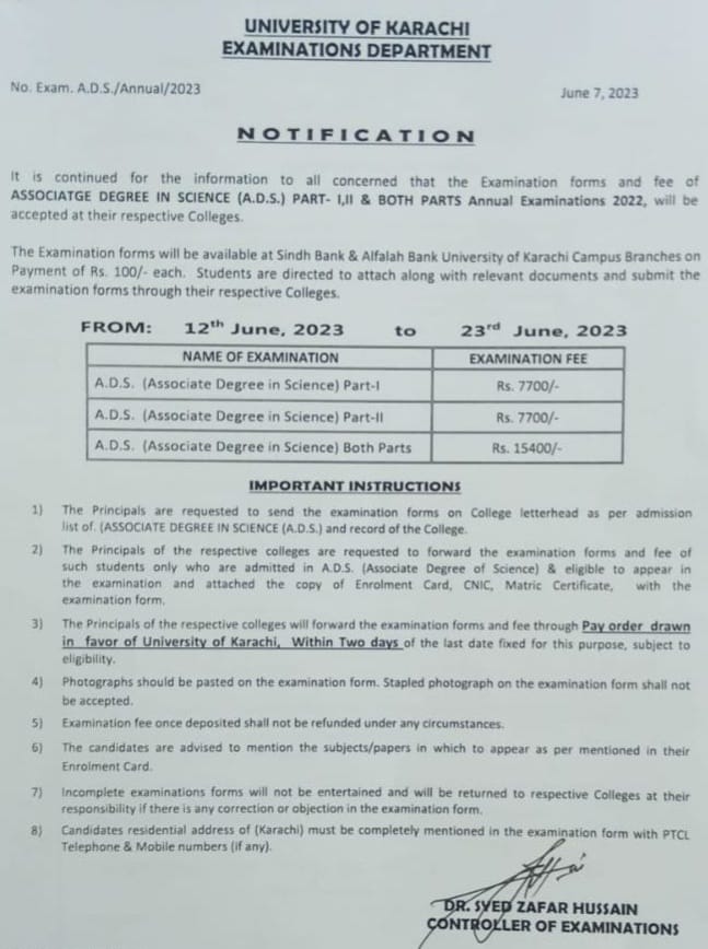 Karachi University Announces Ads Exam Form Schedule 2023