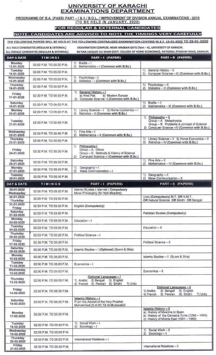 UOK Karachi University BA Date sheet 2020