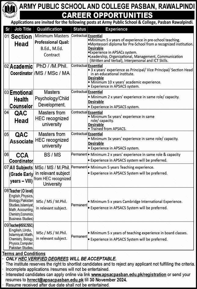 APS & C Rawalpindi announces Admin & Teacher Jobs 2026