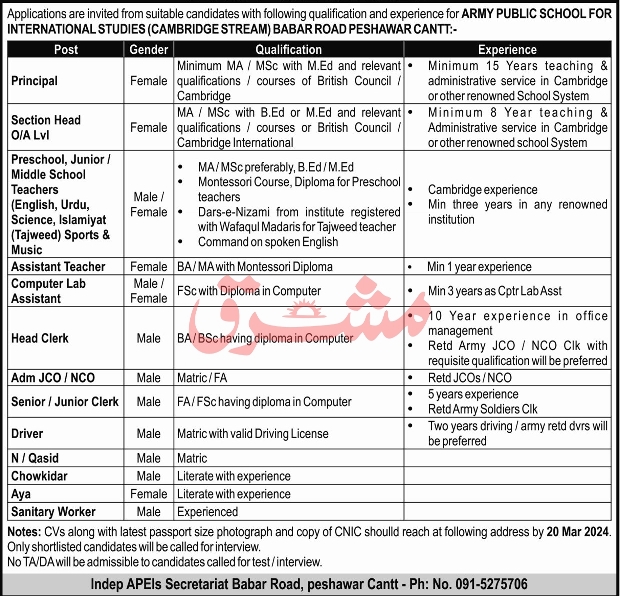 APS for International Studies Peshawar announces Teaching & Non Teaching Jobs 2025