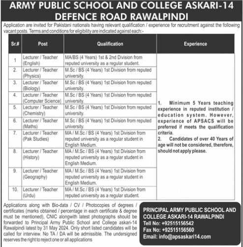 APS&C Rawalpindi announces Lecturer Jobs 2026