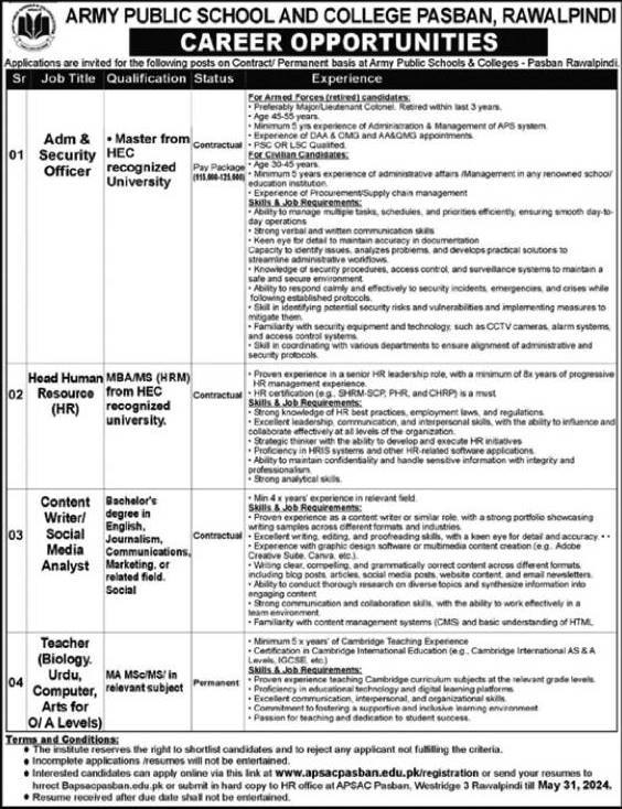 APS&C Rawalpindi announces Teaching & Non Teaching Jobs 2026