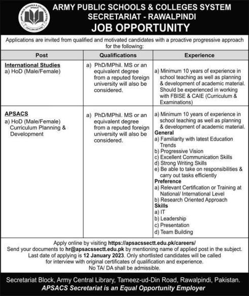 APS&C Rawalpindi announces HoD Jobs 2026