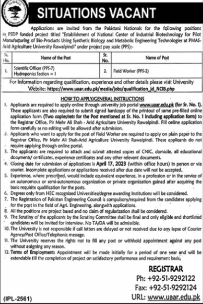 ARID Agriculture University Rawalpindi announces Scientific Officer ...