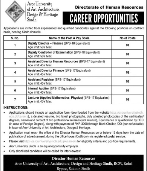 AROR University Sukkur announces Admin Teaching Jobs 2026