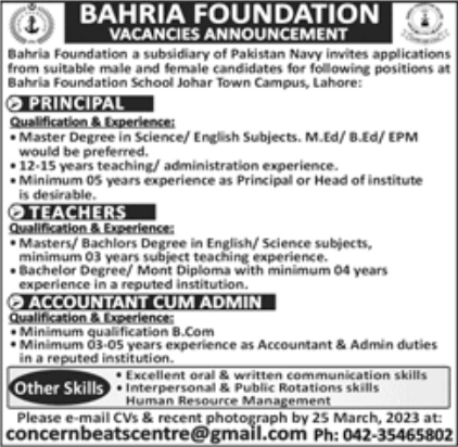 Bahria Foundation School Lahore announces Staff Jobs 2024