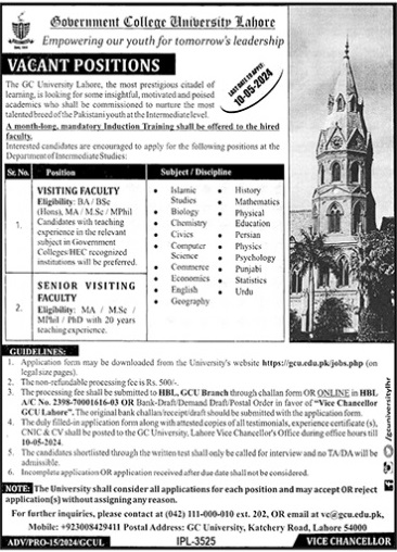 Gcu Lahore Announces Visiting Faculty Jobs 2024