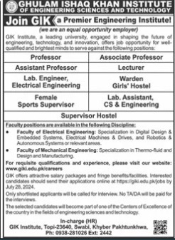 GIKI Swabi announces Teaching & Non Teaching Jobs 2025