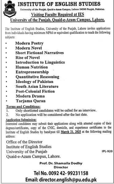 University of Punjab announces Visiting Faculty 2026