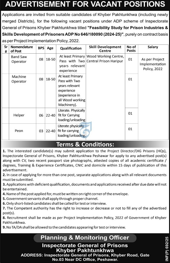 I G Prison KPK announces Staff Jobs 2025