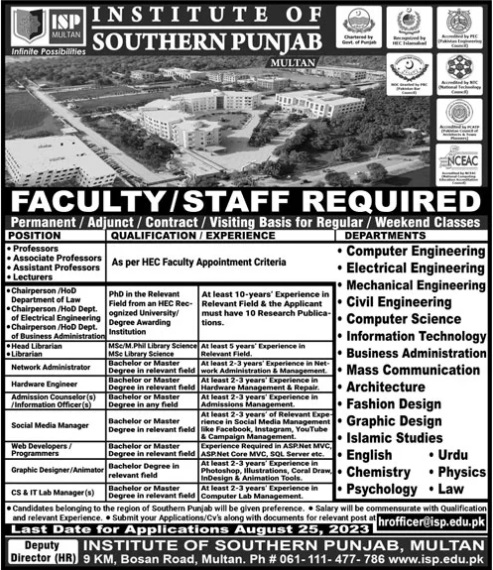 Institution of Southern Punjab Multan announces Faculty and Staff Jobs 2025