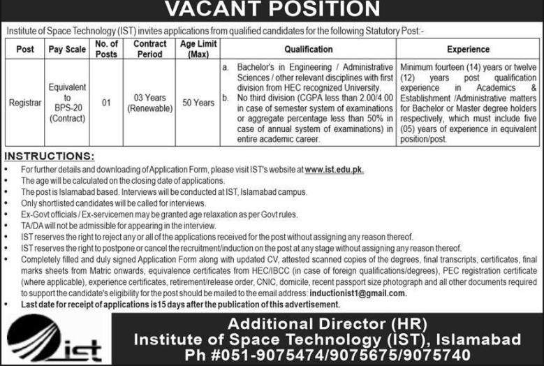 IST Islamabad announces Registrar Job 2026
