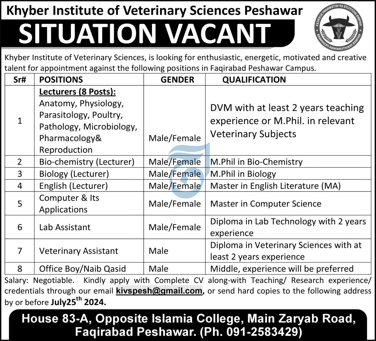 Khyber Institute of Veterinary Sciences announces Lecturer Jobs 2025
