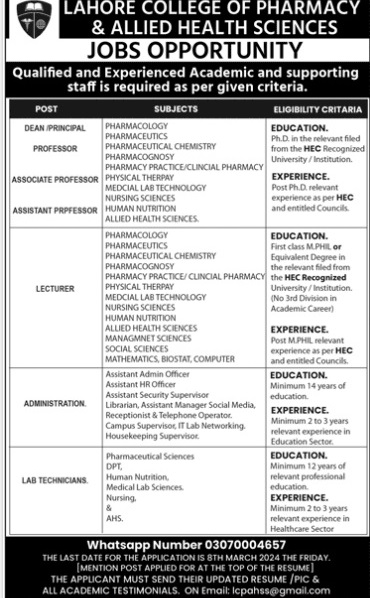 Lahore College of Pharmacy announces Teaching & Non Teaching Jobs 2026