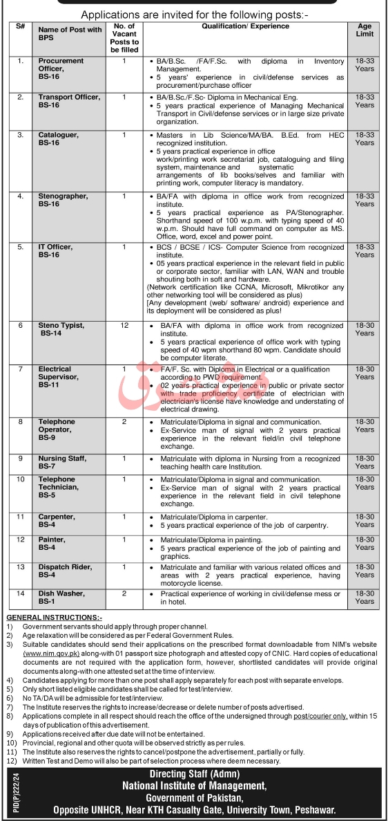 National Institute of Management Peshawar announces Admin & Staff Jobs 2026