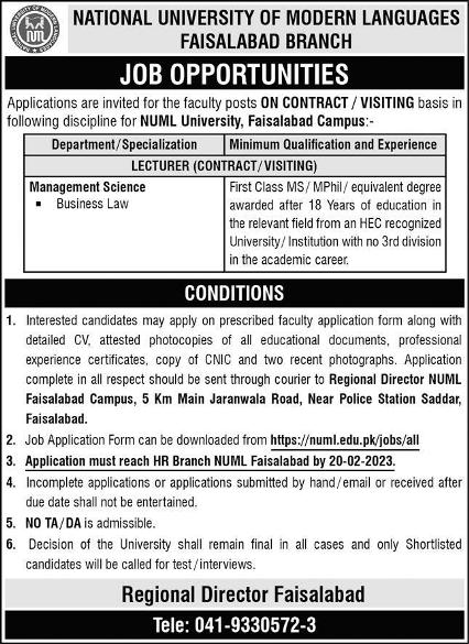 NUML Faisalabad announces Business Law Lecturer Job 2024