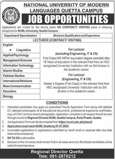 NUML Quetta announces Lecturer Jobs 2025