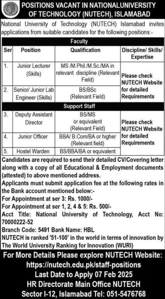 National University of Technology Islamabad announces Admin and Staff ...