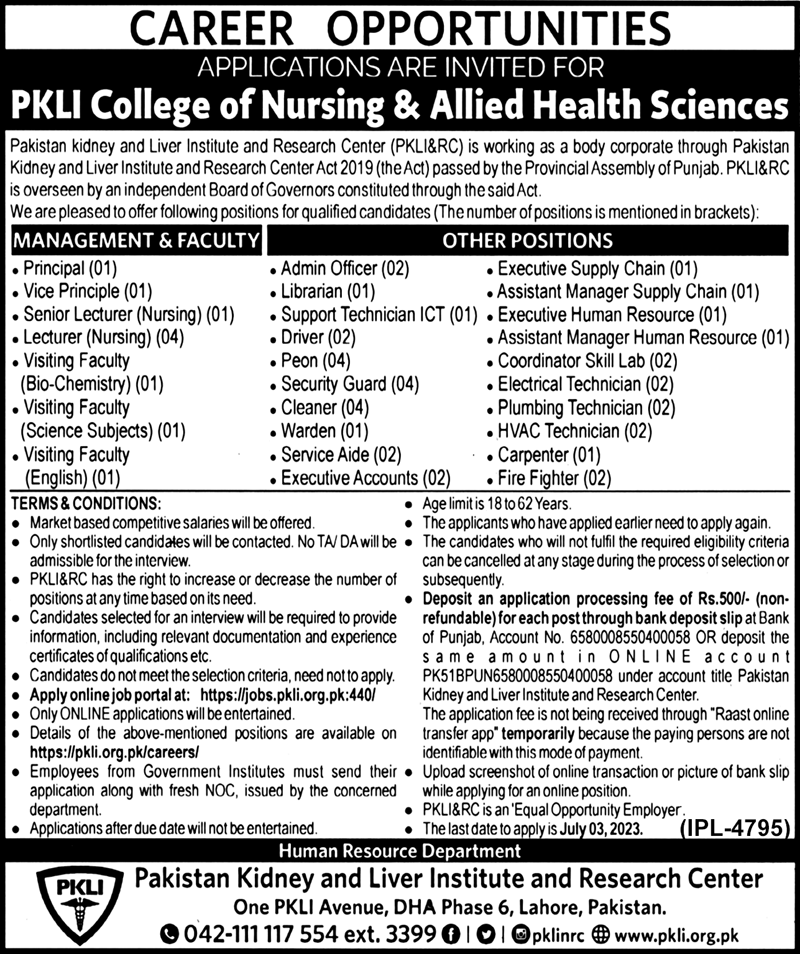 PKLI College Of Nursing & Allied Health Sciences Lahore announces ...