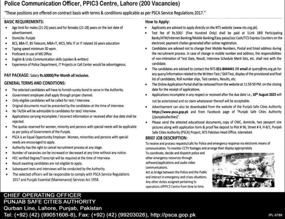 Ppunjab Safe City Authority announces Police Communication Officer Jobs ...