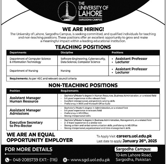 The University of Lahore Sargodha Campus announces Teaching & Non ...